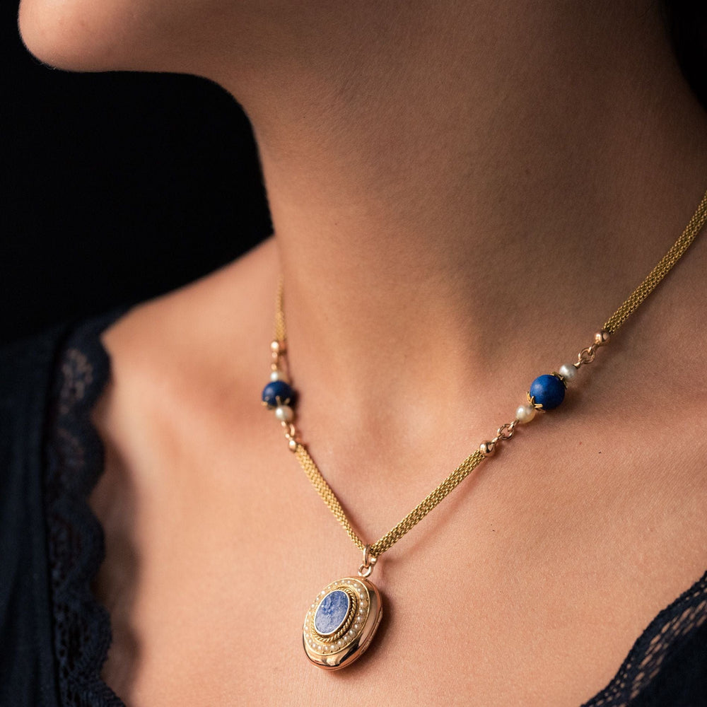 Collier ancien et son médaillon lapis lazuli et perles fines ...