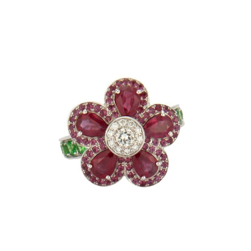 Bague Fleur Rubis Diamants Tsavorites - 8401858691401 - 58 Facettes
